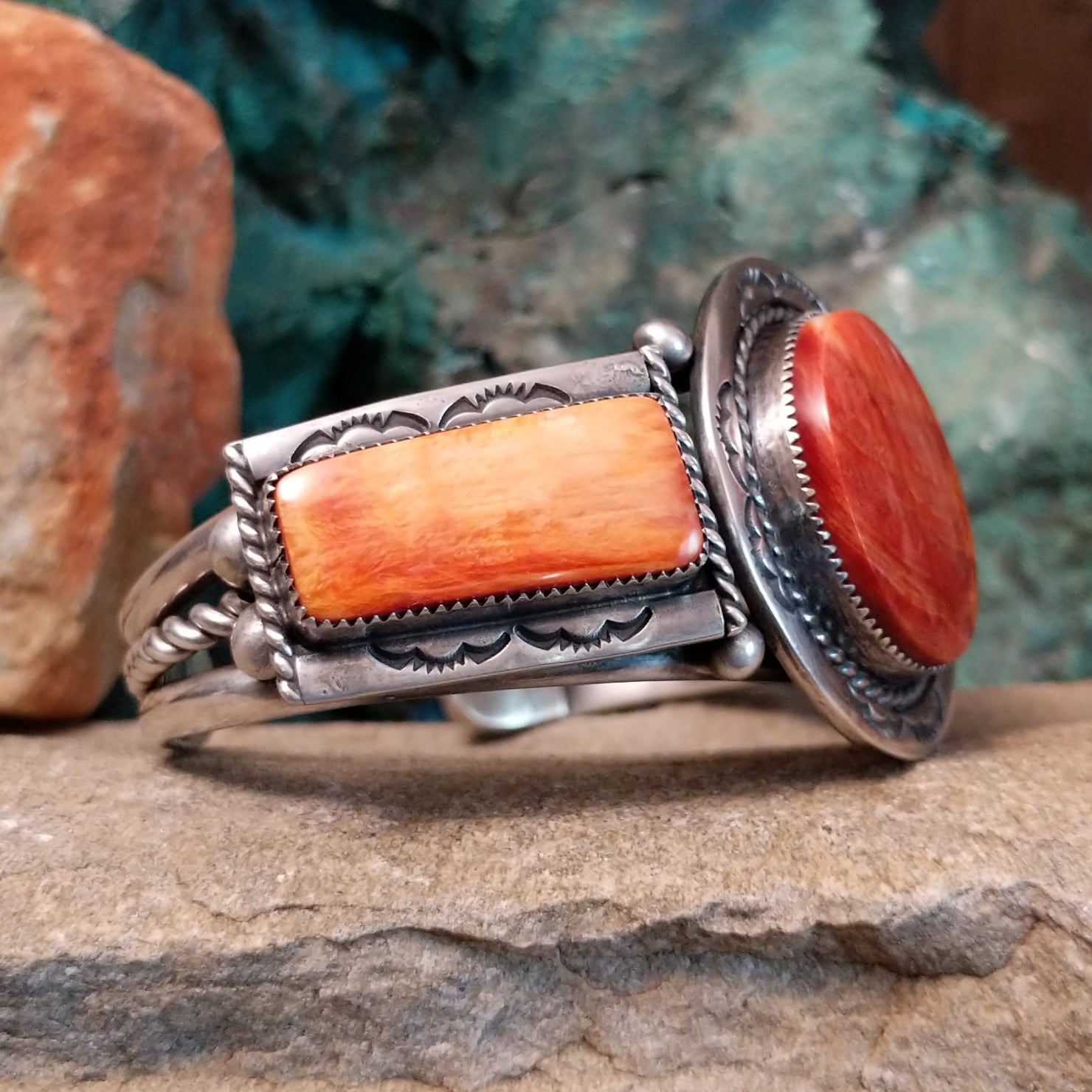 Orange & Red Spiny Oyster Shell Cuff by Lawrence Archuleta GJ-BRC-0118 ...